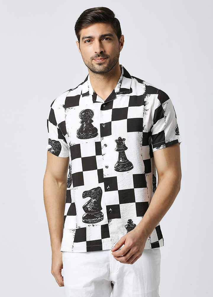 Camp Collar Shatranj Print Textured Shirt White